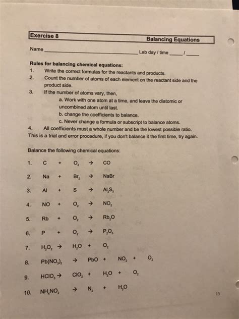 Solved Exercise 8 Balancing Equations Name Lab Day Time
