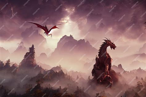 Premium Photo Dragon Flying Over A Mountain Landscape With Mountains