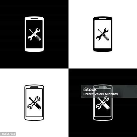 흑백 배경에 격리 된 드라이버와 렌치 아이콘스마트 폰을 설정합니다 조정 서비스 설정 유지 보수 수리 고정 벡터 일러스트레이션 개념에 대한 스톡 벡터 아트 및 기타 이미지