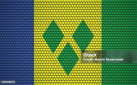 세인트 빈센트의 추상적인 깃발과 동그라미로 만든 그레나딘 컬러 점으로 디자인된 빈센테안 깃발은 현대적이고 미래지향적인 모습을 선사합니다 0명에 대한 스톡 벡터 아트 및 기타