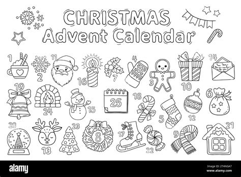 Xmas Coloring Advent Calendar Hand Drawn Vector Poster With Different Christmas Symbols Stock Xmas Coloring Advent Calendar Hand Drawn Vector Poster With Different Christmas Symbols Stock