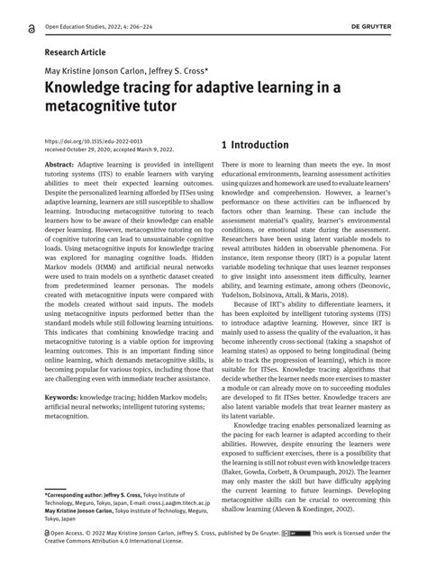 Pdf Knowledge Tracing For Adaptive Learning In A Metacognitive Tutor