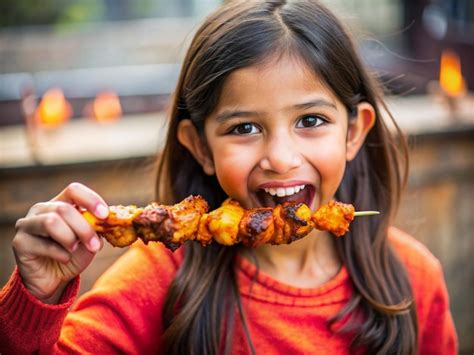 A Girl Eating Sizzling Hot Chicken Tikka Straight Premium Ai