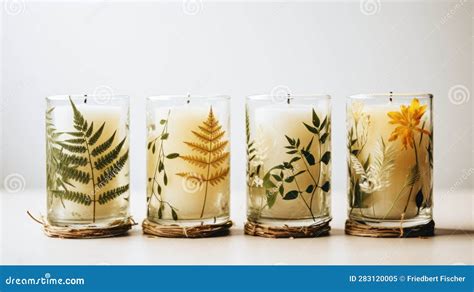 A Row Of Four Glass Vases Filled With Different Types Of Flowers Generative AI Image Stock