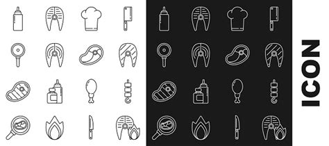 세트 라인 구운 생선 스테이크와 불꽃 꼬치 스틱에 쉬쉬 케밥 생선 요리사 모자 프라이팬 소스 병과 스테이크 고기 아이콘 벡터 건강한 생활방식에 대한 스톡 벡터 아트 및 기타