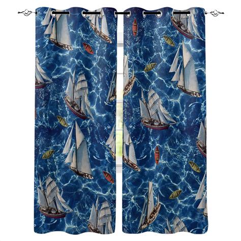 Coastal Boat Ocean Blackout Curtains 45 Inches Long Coastal Sea Waves