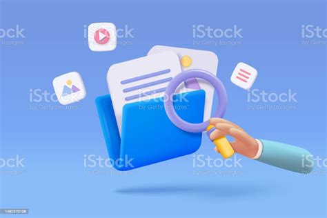 3d 미디어 파일 관리 개념입니다 데이터베이스에서 이미지 및 비디오 파일을 검색합니다 문서 관리 소프트 문서 흐름 앱 복합 문서 개념 3d 돋보기 아이콘 벡터 렌더링 그림
