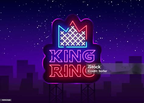 싸움 클럽 네온 사인 킹 링 로고 네온 스타일입니다 디자인 서식 파일 엠 블 럼 스포츠 로고 밤 싸움 무술 병 무 청입니다 라이트 배너 밝은 밤 네온 광고입니다 벡터 빌보드