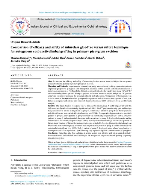 Pdf Comparison Of Efficacy And Safety Of Sutureless Glue Free Versus Suture Technique For