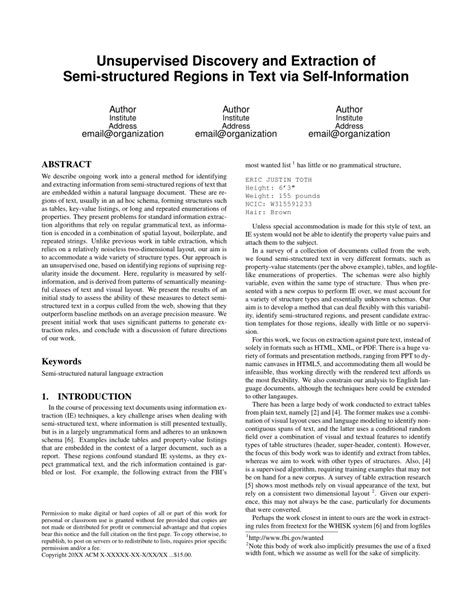 Pdf Unsupervised Discovery And Extraction Of Semi Structured Regions In Text Via Self Information