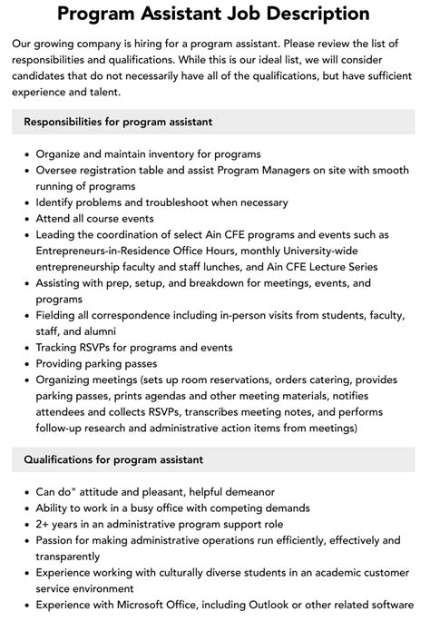 Program Assistant Job Description Velvet Jobs