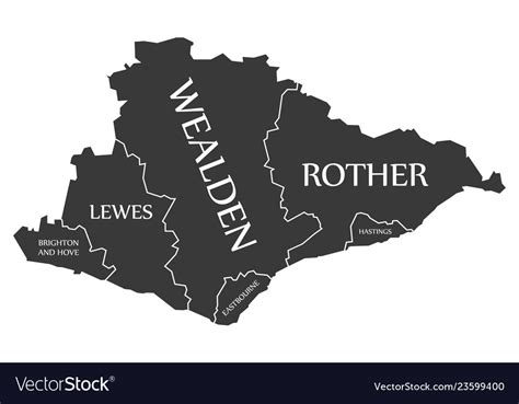 East Sussex County England Uk Black Map Royalty Free Vector