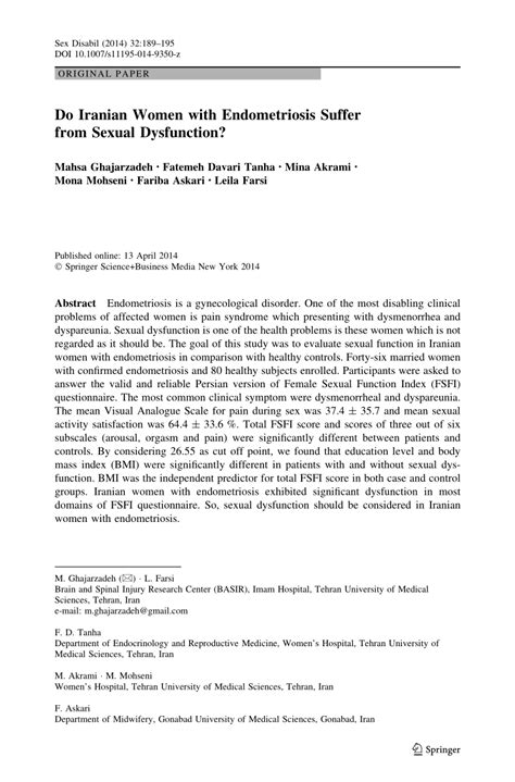 Pdf Do Iranian Women With Endometriosis Suffer From Sexual Dysfunction