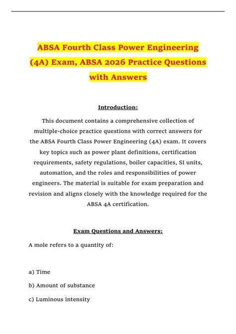 Absa Fourth Class Power Engineering 4a Exam Absa 2026 Practice