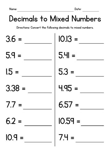Converting Decimals To Mixed Numbers Teaching Resources