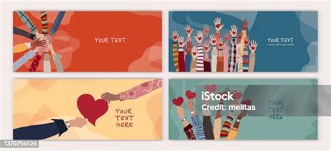 배너 자원 봉사자 다문화 사람들의 그룹으로 커버 편집 포스터 템플릿 손을 잡고 있는 사람들의 팔을 들어 올렸다 자선 및 연대