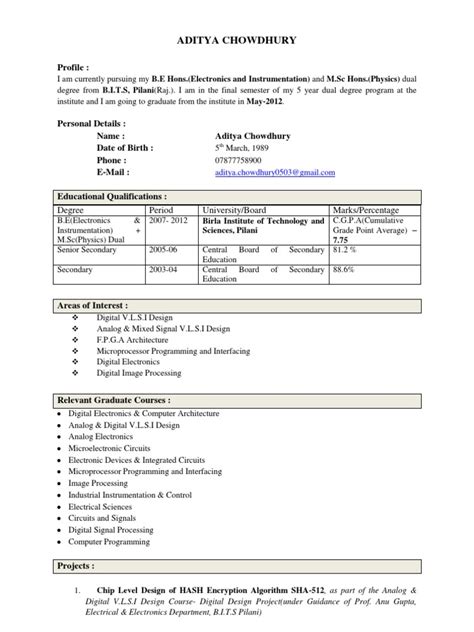 Resume Aditya Chowdhury Bits Pilani Pdf Information And