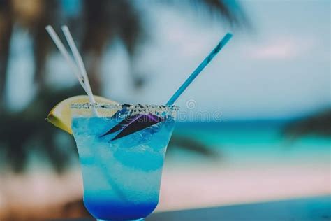 Close Up Of Cocktail On Beach Blue Ocean Background Illustration Generative Ai Stock Image