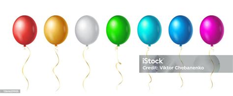 흰색 배경에 무지개 색 헬륨 풍선을 비행의 세트 빨간색 흰색 황금 녹색 파란색 분홍색의 사실적인 다채로운 디자인 요소 벡터 일러스트레이션 풍선에 대한 스톡 벡터 아트 및