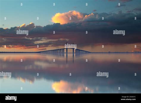 Sunshine Skyway Bridge Tampa Florida Usa Multi Colored Sunset Serene