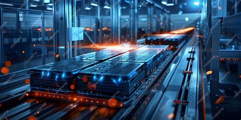 Premium Photo Manufacturing Lithium Ion Battery Modules For Electric Vehicles On A Conveyor