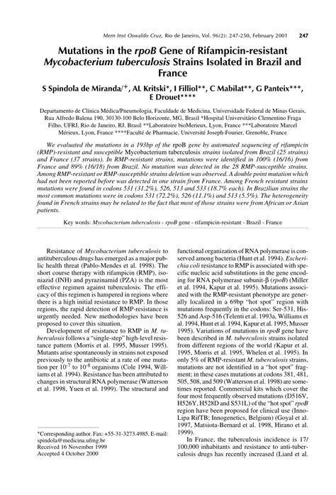 Pdf Mutations In The Rpob Gene Of Rifampicin Resistant Mycobacterium Tuberculosis Strains