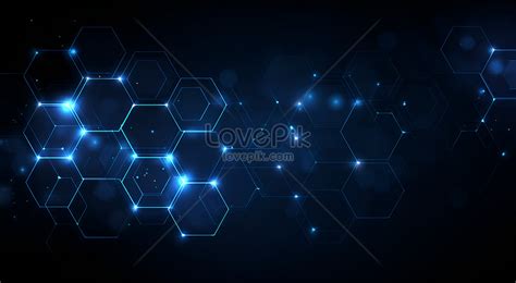 진한 파란색 배경에 육각형 기술 컨셉 디자인