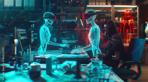 Two Bioengineers Working With Computer Powered Vfx Hologram Of Human Body And Organs In