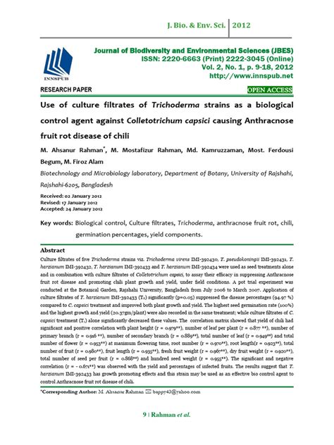 Use Of Culture Filtrates Of Trichoderma Strains As A Biological Control