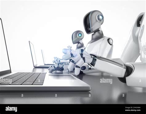 3d Rendering Group Of Humanoid Robots Or Ai Cyborgs With Laptop