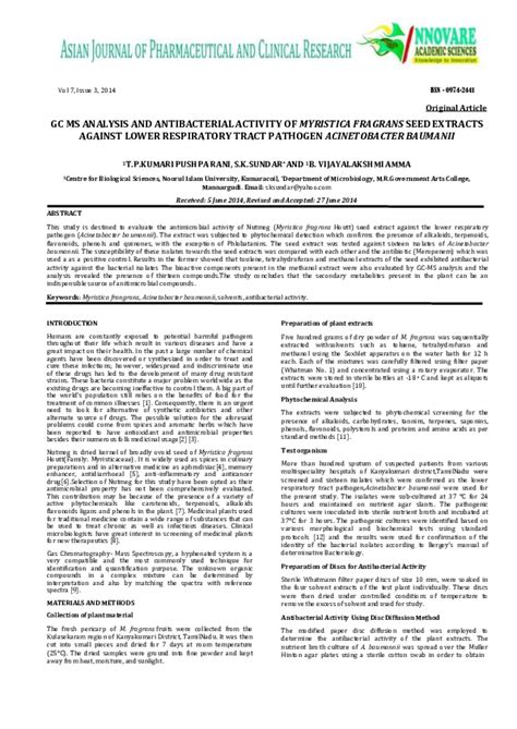 Pdf Gc Ms Analysis And Antibacterial Activity Of Myristica Fragrans