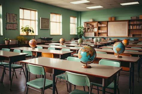 An Empty Classroom Interior Vintage With Many Desks And Bookshelves