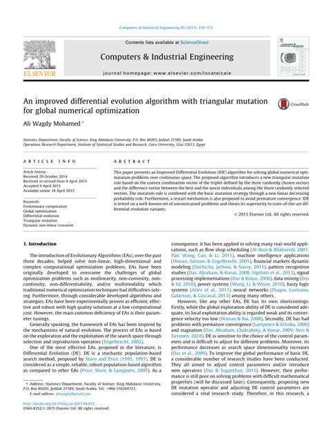 Pdf An Improved Differential Evolution Algorithm With Triangular Mutation For Global Numerical