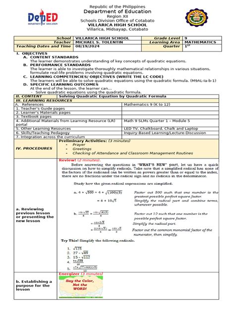 Dlp Lesson 2d Solving Quadratic Equations By Quadratic Formula Pdf Learning Behavior