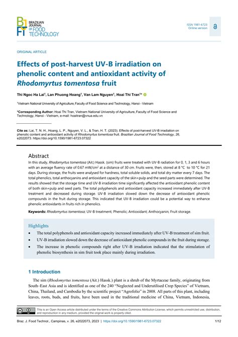 Pdf Effects Of Post Harvest Uv B Irradiation On Phenolic Content And Antioxidant Activity Of