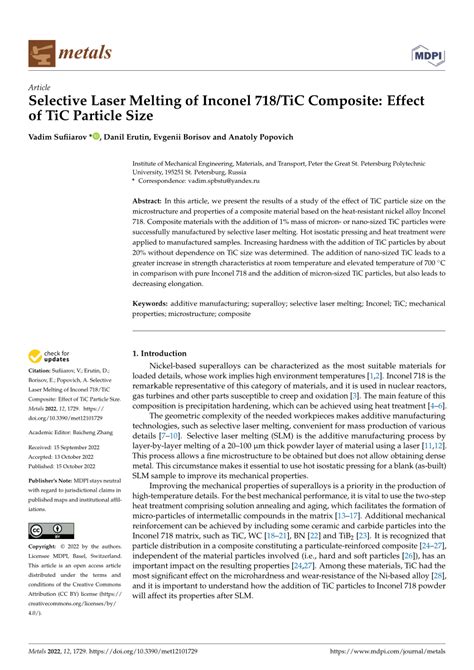 Pdf Selective Laser Melting Of Inconel 718tic Composite Effect Of Tic Particle Size