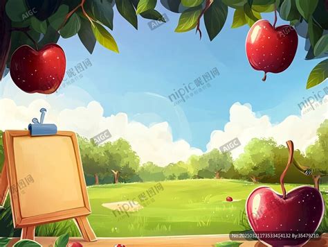 Ai创作图苹果园 画布 秘密 红苹果 绿叶 蓝天 白云 草地 树木 阳光 艺术 自然 宁静 田园风光 昵图网