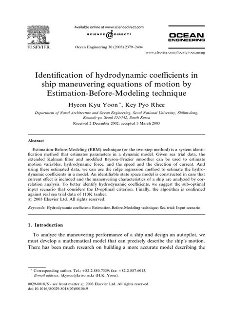 Estimationidentification Of Hydrodynamic Coefficients In Ship Maneuvering Equations Of Motion By