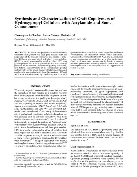 Pdf Synthesis And Characterization Of Graft Copolymers Of Hydroxypropyl Cellulose With