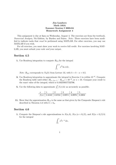 Practice Assignment 4 Numerical Analysis Math 105 Docsity