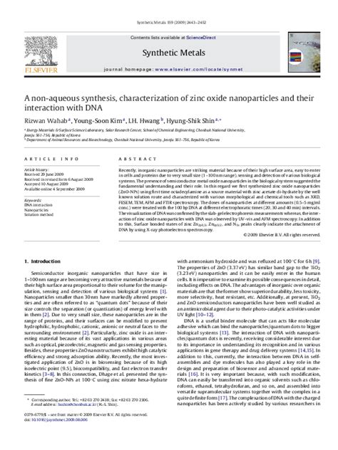 Pdf A Non Aqueous Synthesis Characterization Of Zinc Oxide