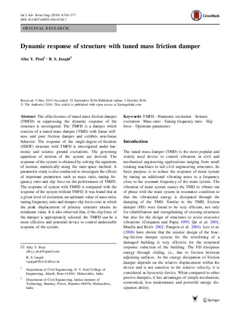 Pdf Dynamic Response Of Structure With Tuned Mass Friction Damper Dr R S Jangid