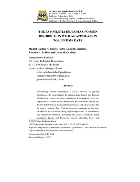 Pdf The Exponentiated Lomax Poisson Distribution With An Application To Lifetime Data Gauss