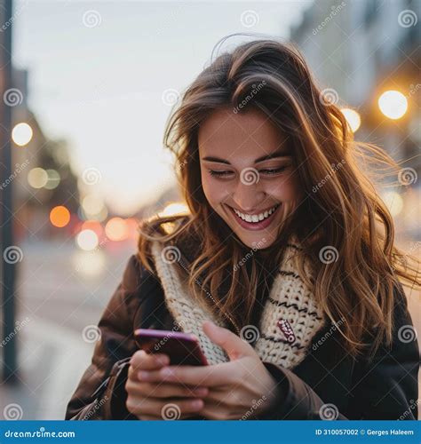 Woman Smiles While Looking At Her Cell Phone Stock Illustration Illustration Of Connectivity