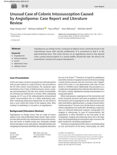 Pdf Unusual Case Of Colonic Intussusception Caused By Angiolipoma Case Report And Literature