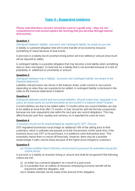 Topic 9 Tutorial Solutions Topic 9 Suggested Solutions Please Note That These Answers Should