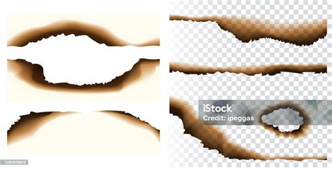 투명 한 배경에 고립 된 불타는 현실적인 벡터 종이 종이 탄 구멍과 스크랩 가장자리의 컬렉션 번트 페이지 가장자리와 모서리 갈라지고 더러운 테두리로 파괴된 종이 나 양피지