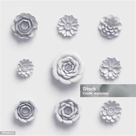 3d 렌더링 흰 종이 꽃 고립 된 디자인 요소 식물 클립 아트 세트 신부 부케 Papercraft 웨딩 벽 장식 꽃 꽃이 장미에 대한 스톡 사진 및 기타 이미지 Istock