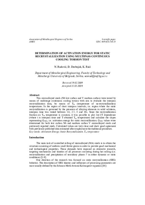 pdf determination of activation energy for static recrystallization
