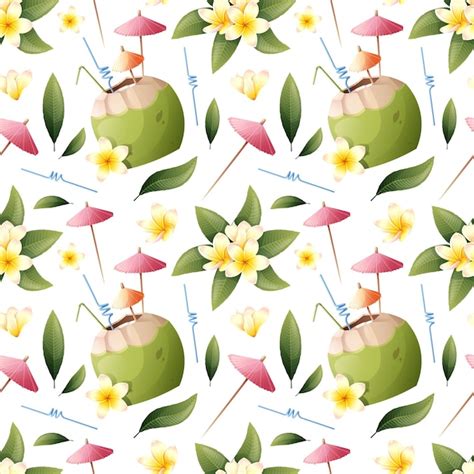 열대 꽃과 코코넛 칵테일 Frangipani 코코넛이 있는 여름 원활한 패턴 벽지 패브릭 종이 등에 적합 프리미엄 벡터